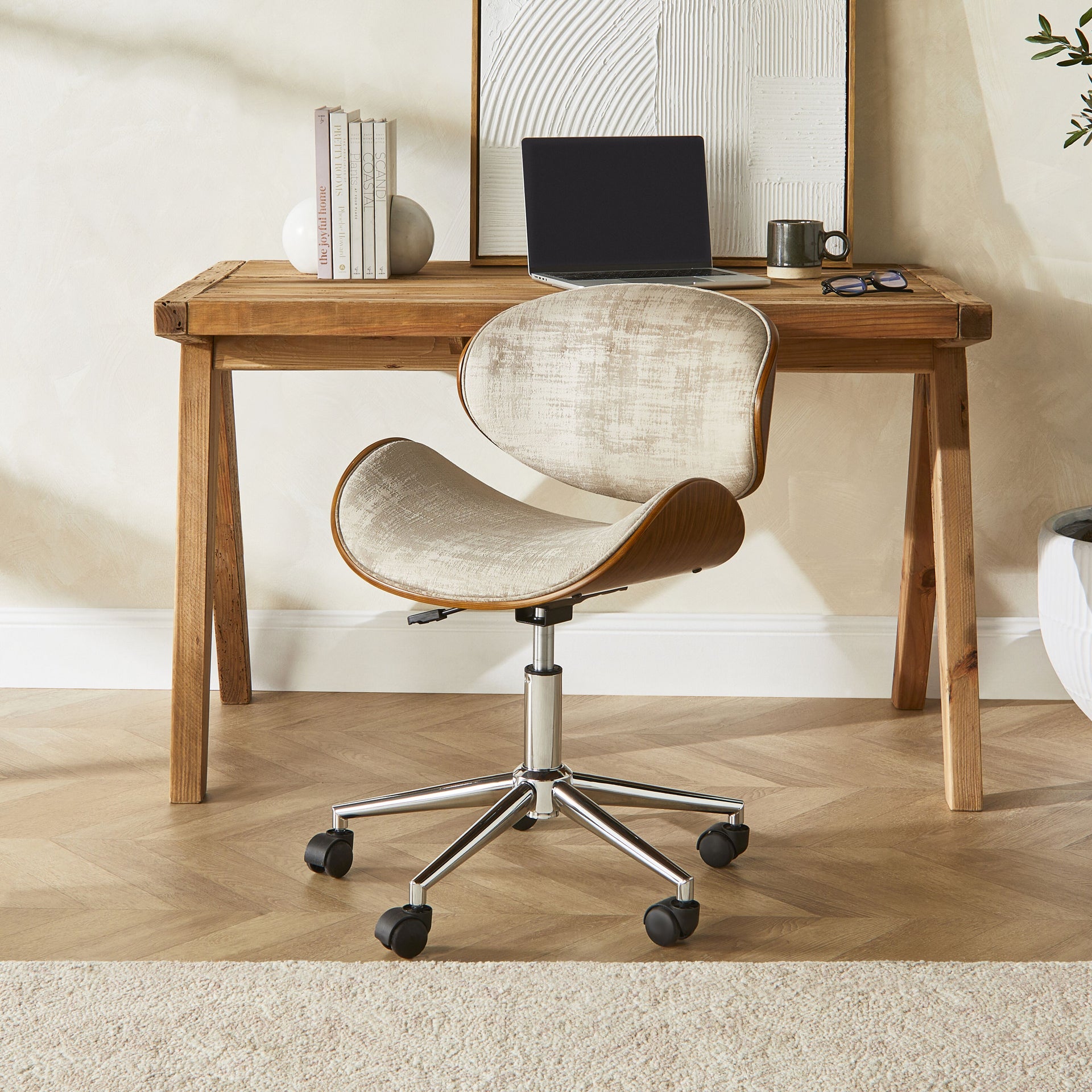 Jetson Desk Chair Timber Veneer Back Brushed Pebble Velvet – Early ...